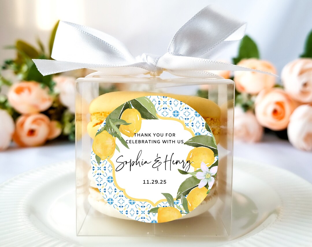 10 Sets of Lemon Wedding Favor Macaron Box Ribbon Personalized Sticker ...