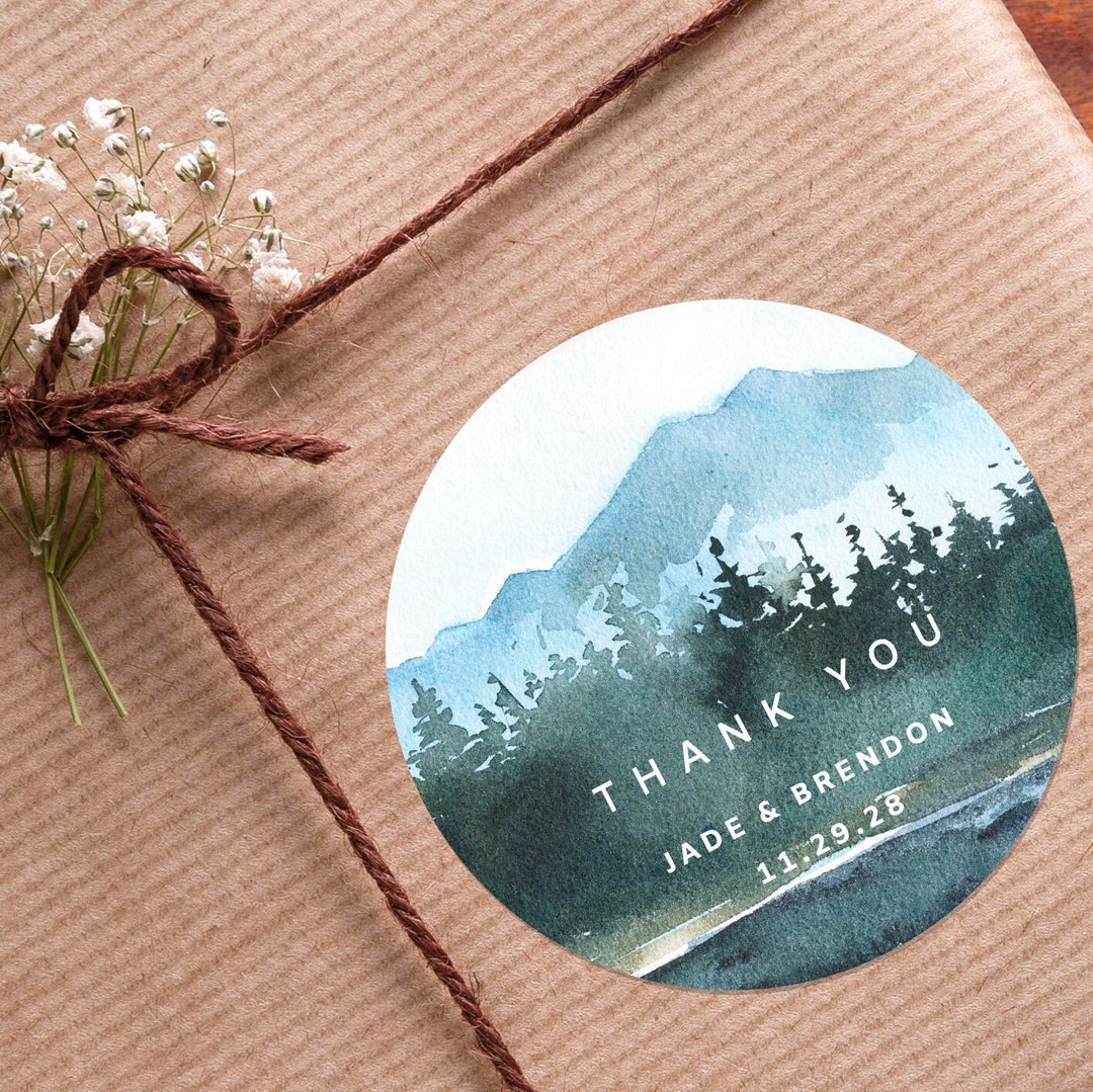 Round Mountain Forest Thank You Personalized Stickers, Thank You Labels ...