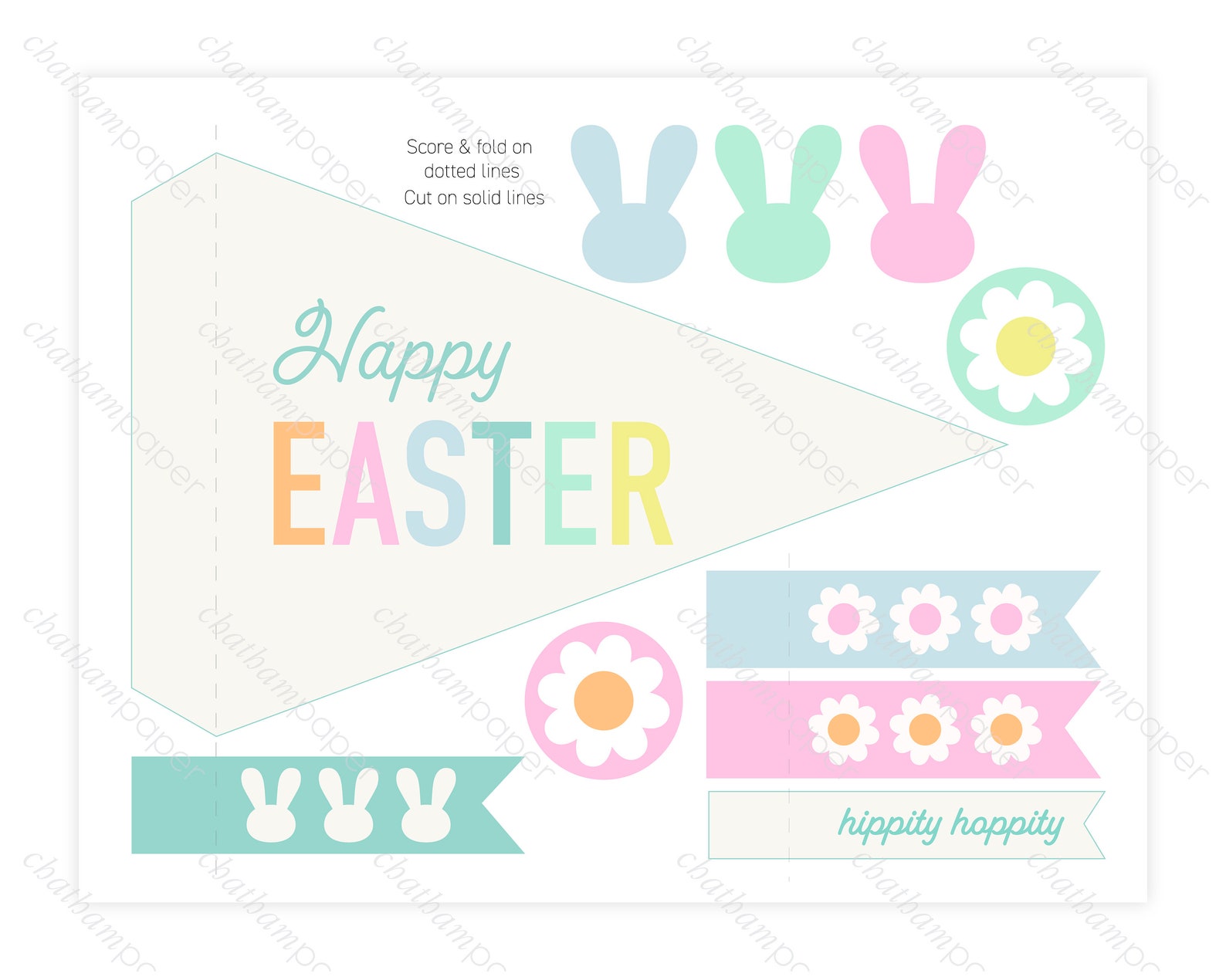 Pastel Happy Easter Pennant Flag Printable Set With Cupcake Toppers - Etsy