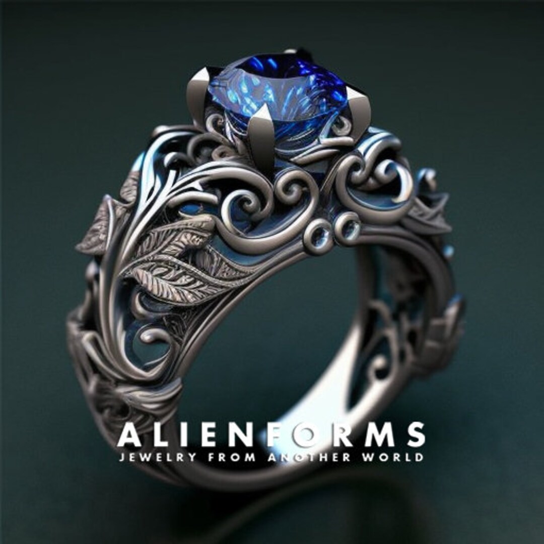 Gothic Engagement Ring, Ornamental Ring,silver, Leaves Ring, Sapphire ...