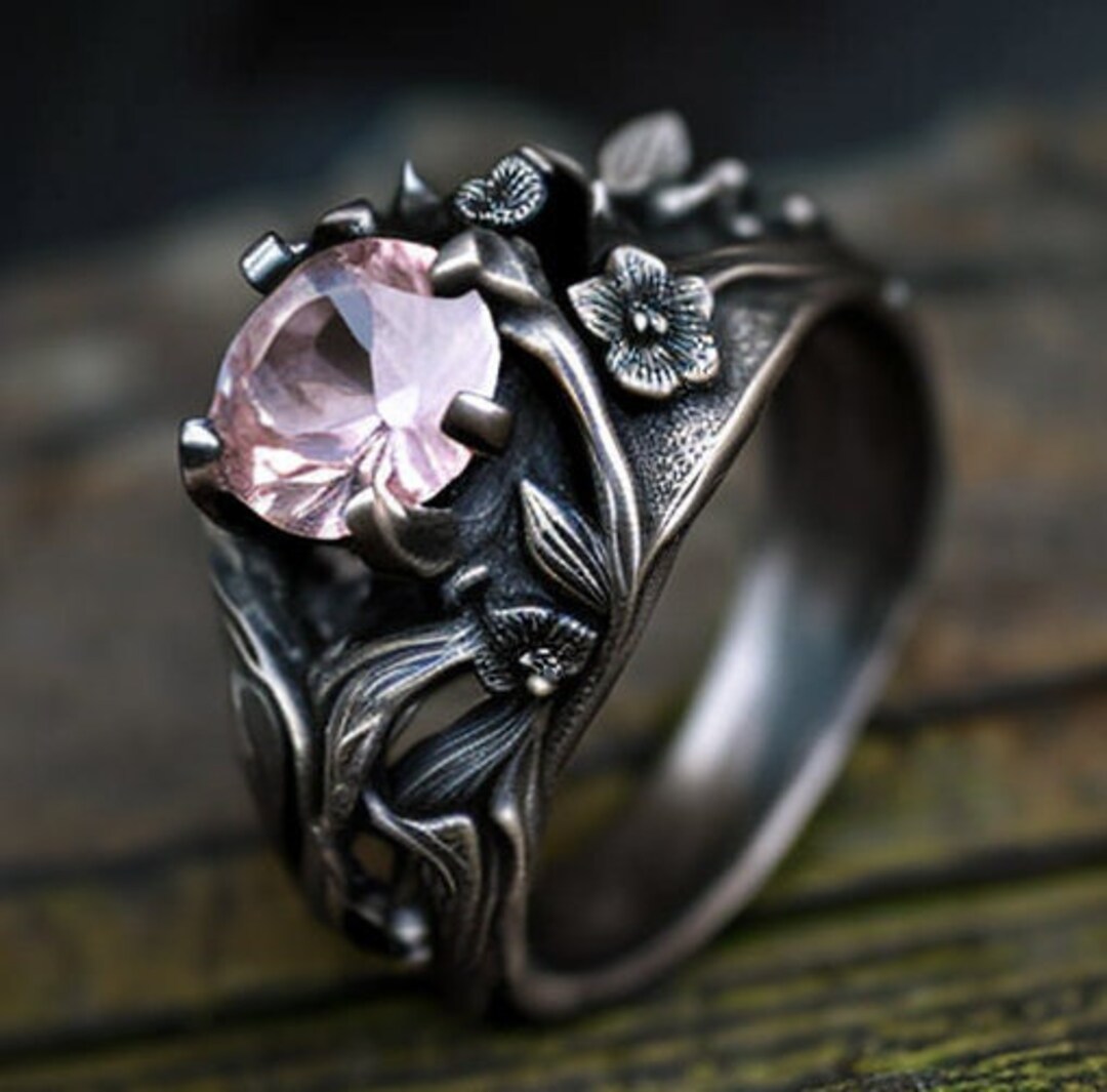 Black Flower Engagement Ring, Cherry Blossom Engagement Ring, Morganite ...