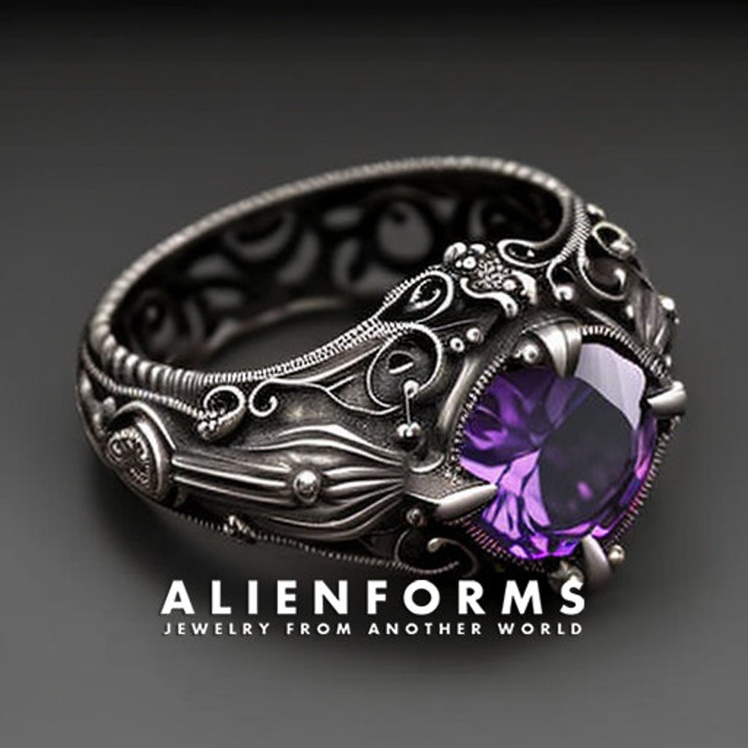 Gothic Engagement Ring, Amethyst Ring, Scrolls, Dark Fantasy, Vampire ...