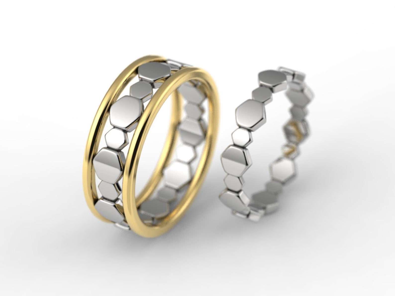 Hexagon Wedding Ring Set Geek Wedding Ring Unique Wedding | Etsy