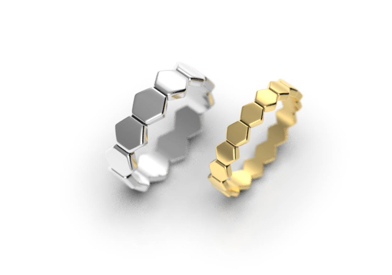 Hexagon Wedding Ring Set, His and Hers Wedding Rings, Unique Wedding ...