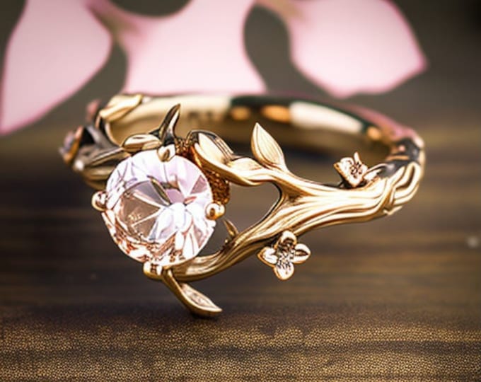 Flower Engagement Ring, Cherry Blossom Engagement Ring, Morganite Engagement Ring, Twig ...