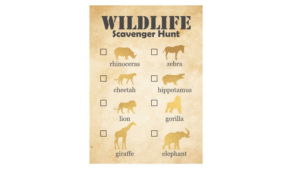 Wildlife Scavenger Hunt - Safari Party Game Animal Checklist - Wild One ...