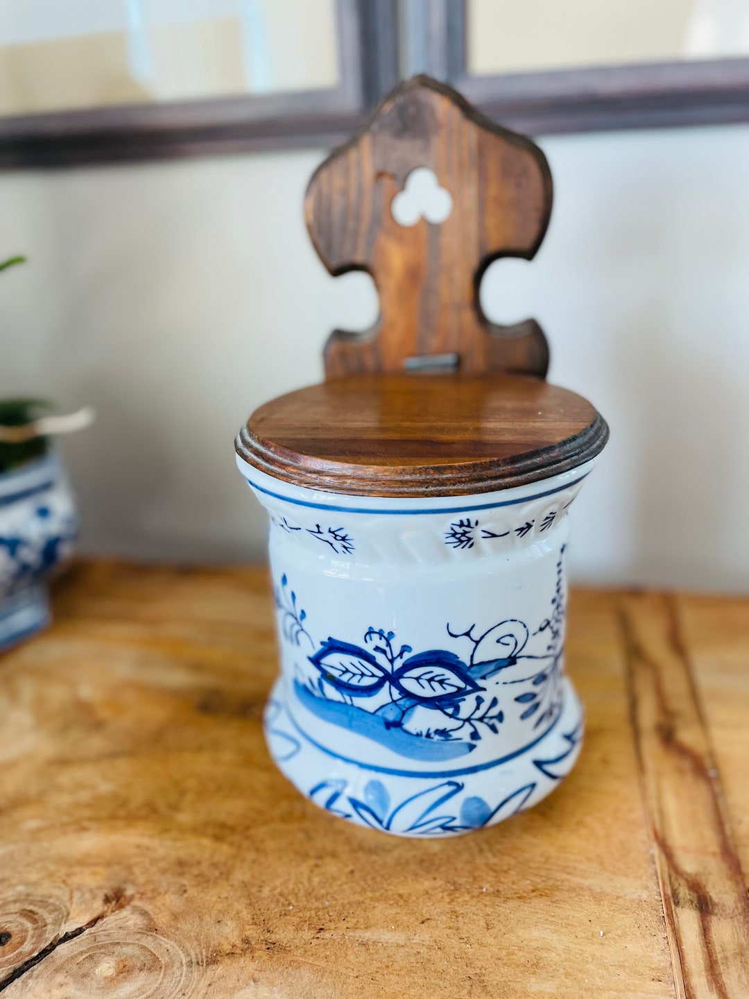 German Antique Ceramic and Wood Salt Box, Farmhouse, Delftware, Wall or ...