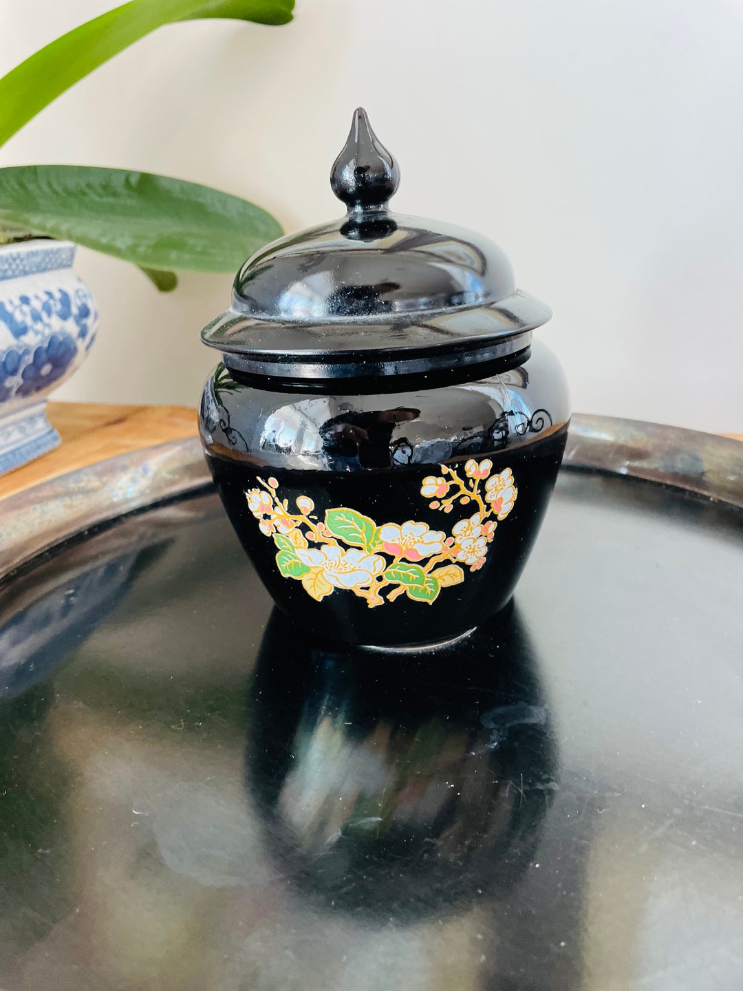 1974 Vintage Black Glass Avon Ginger Jar With Cherry Blossoms ...