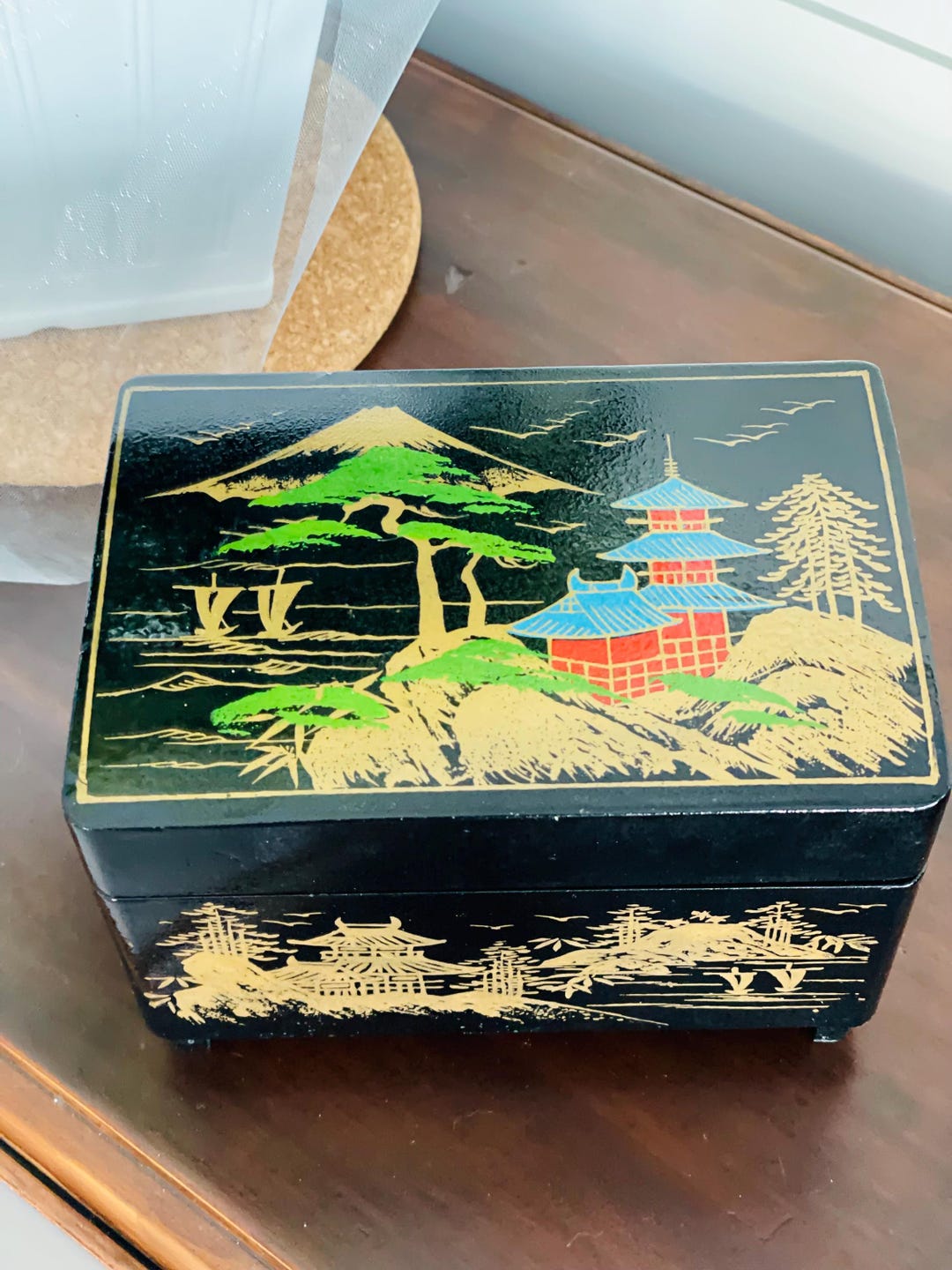Vintage Black Lacquer Japanese Jewelry Music Box, Hand Painted ...