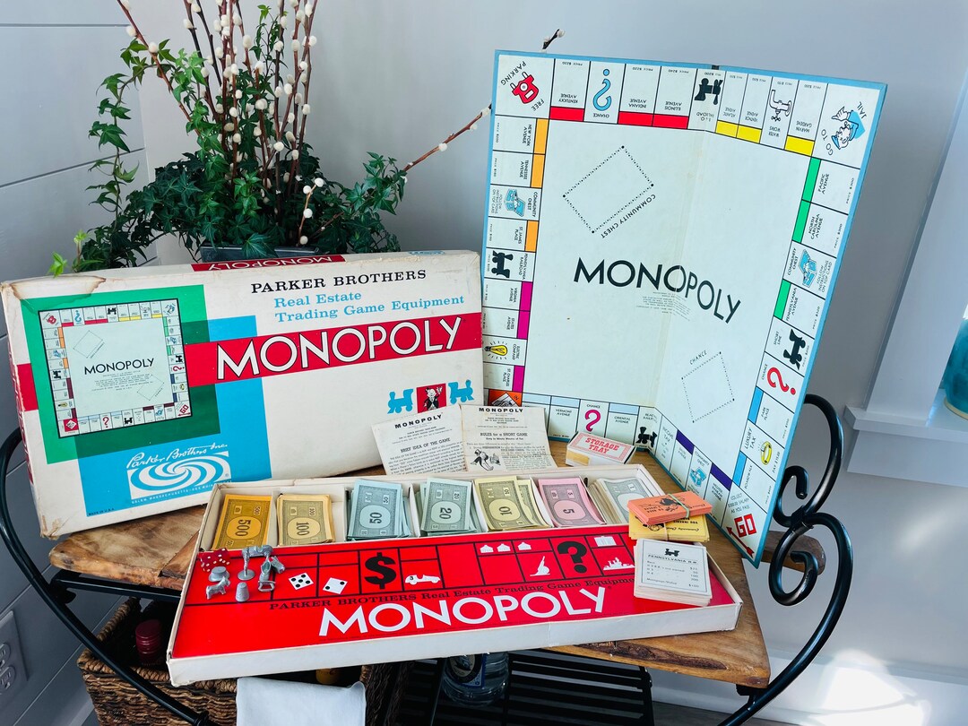 Vintage Monopoly Board Game, Metal Player Tokens, 2 Red Bakelite Dice ...