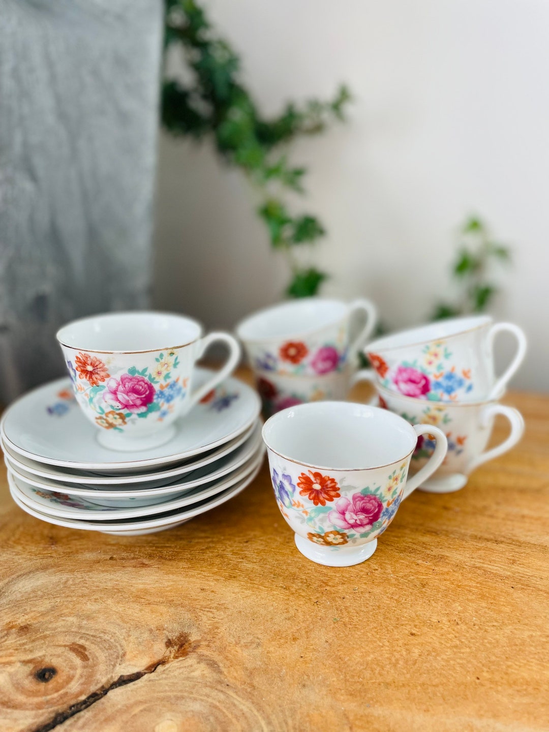 Vintage Floral Pattern Gold Rim Demi Cups and Saucers, Set of 6 Cups, 5 ...