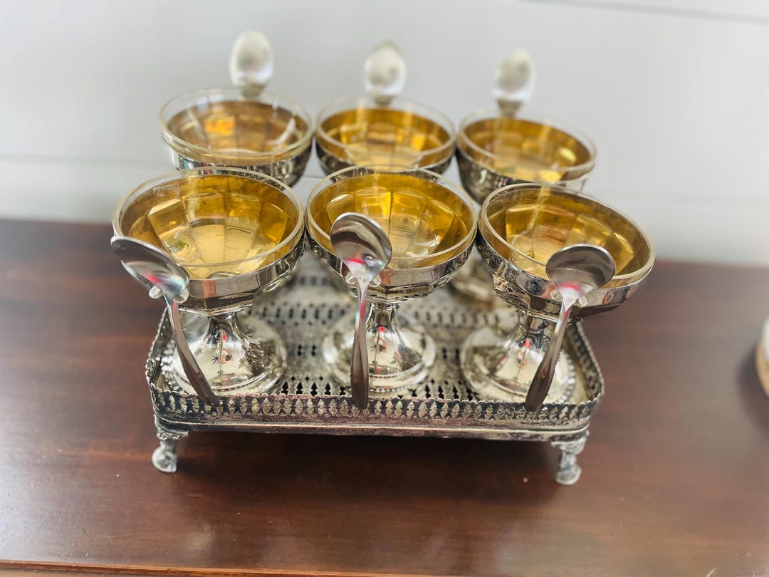 Set of 6 Vintage Silver Coup Cups With Glass Liners Upon Footed Silver ...