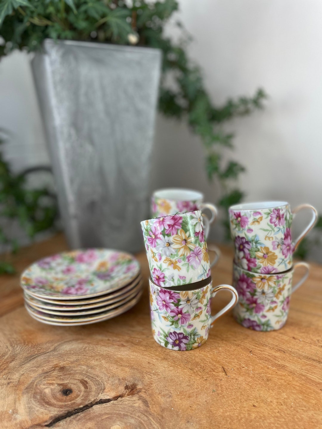 Vintage Chintz Floral Pattern Gold Pink and Green Demi Cups and Saucers ...
