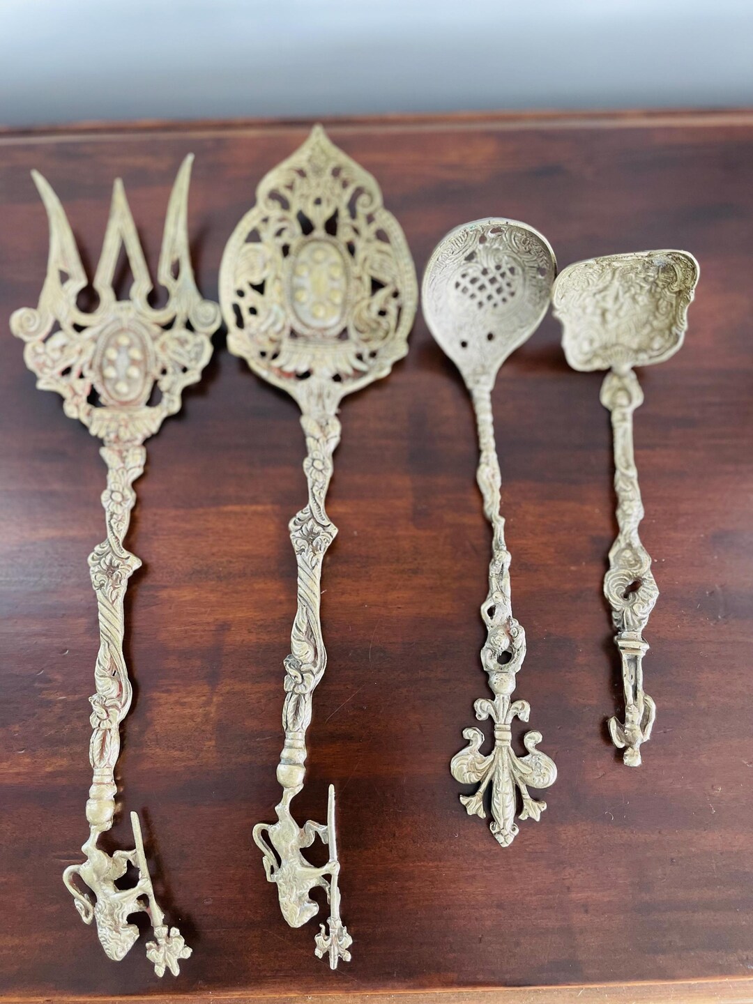 Set of 4 Vintage Early 1900's Montagnani Ornate Gothic Brass Serving ...