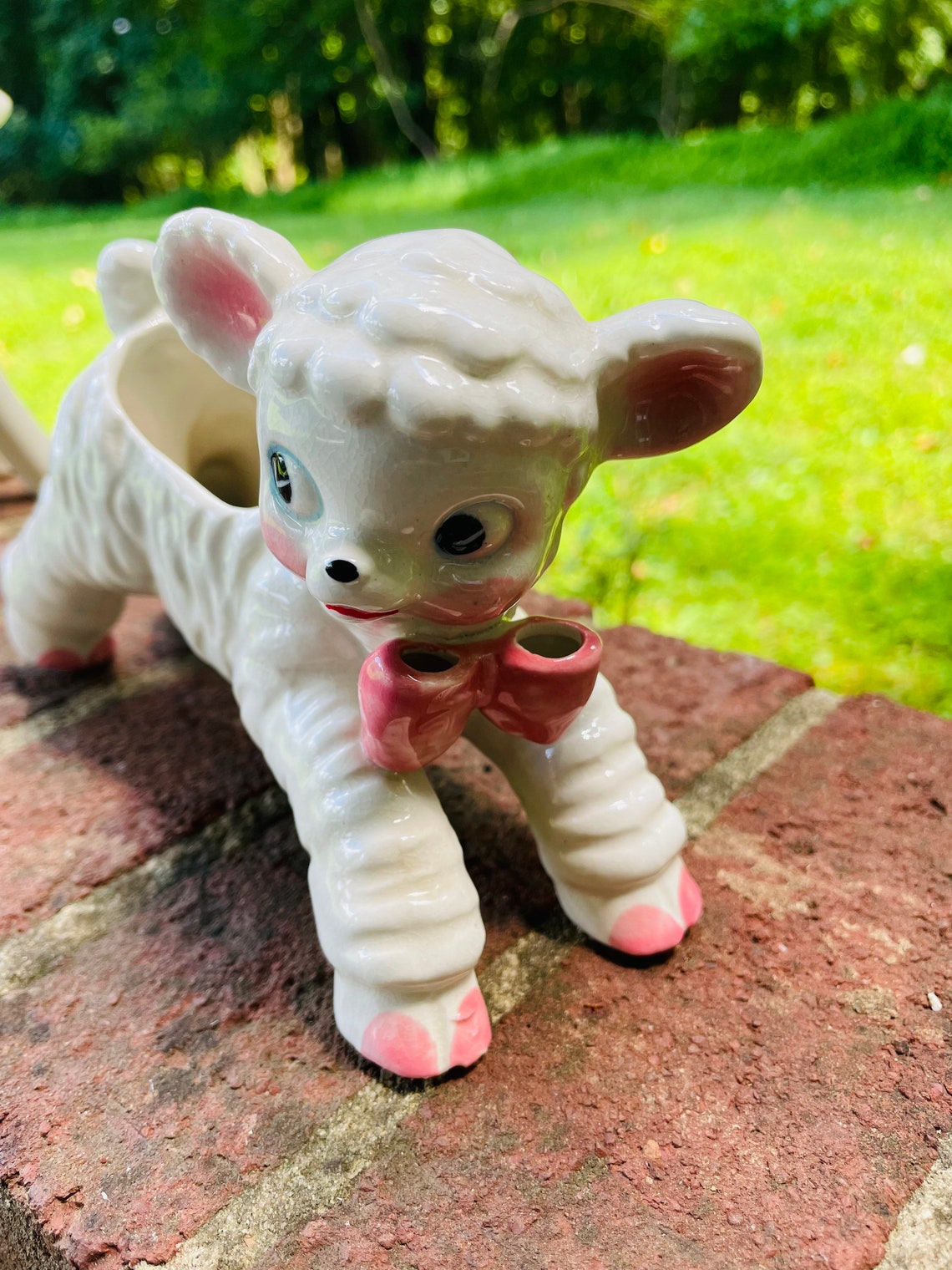 1950's White with Pink Bow Ceramic Lamb Planter | Etsy