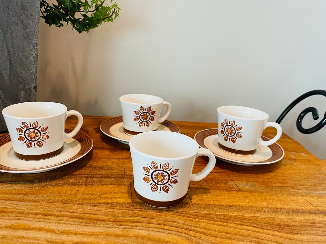Retro Merida Iron Stone Hand Decorated Cups and Saucers, White With ...