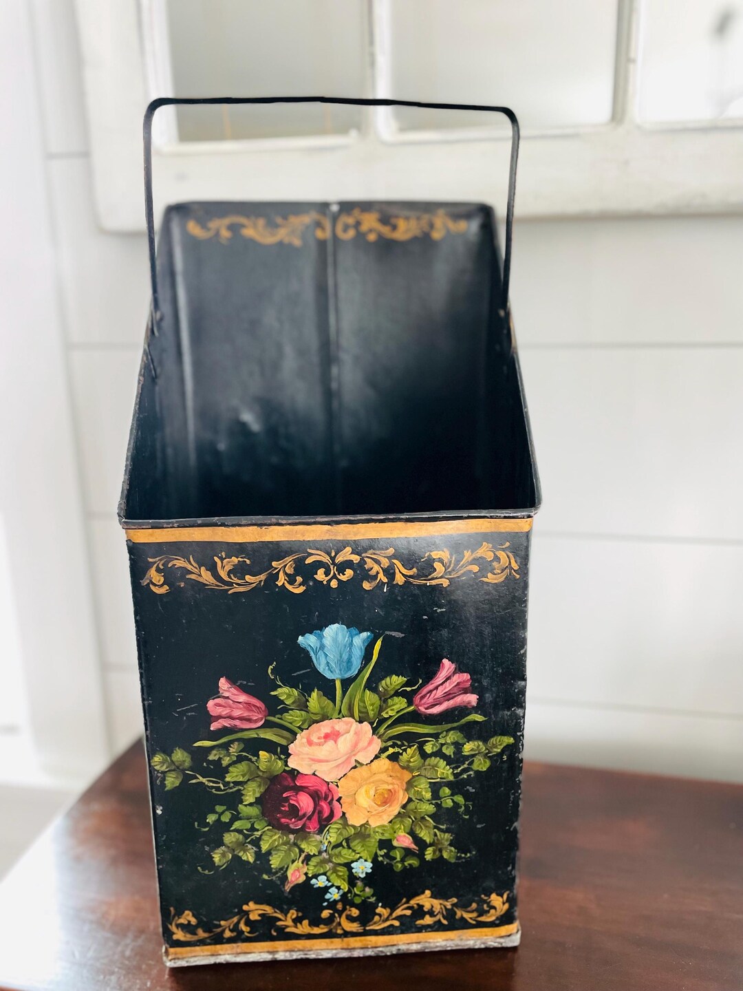 Antique Metal Coal Hod Scuttle With Handle, Floral Tole Painted Metal ...