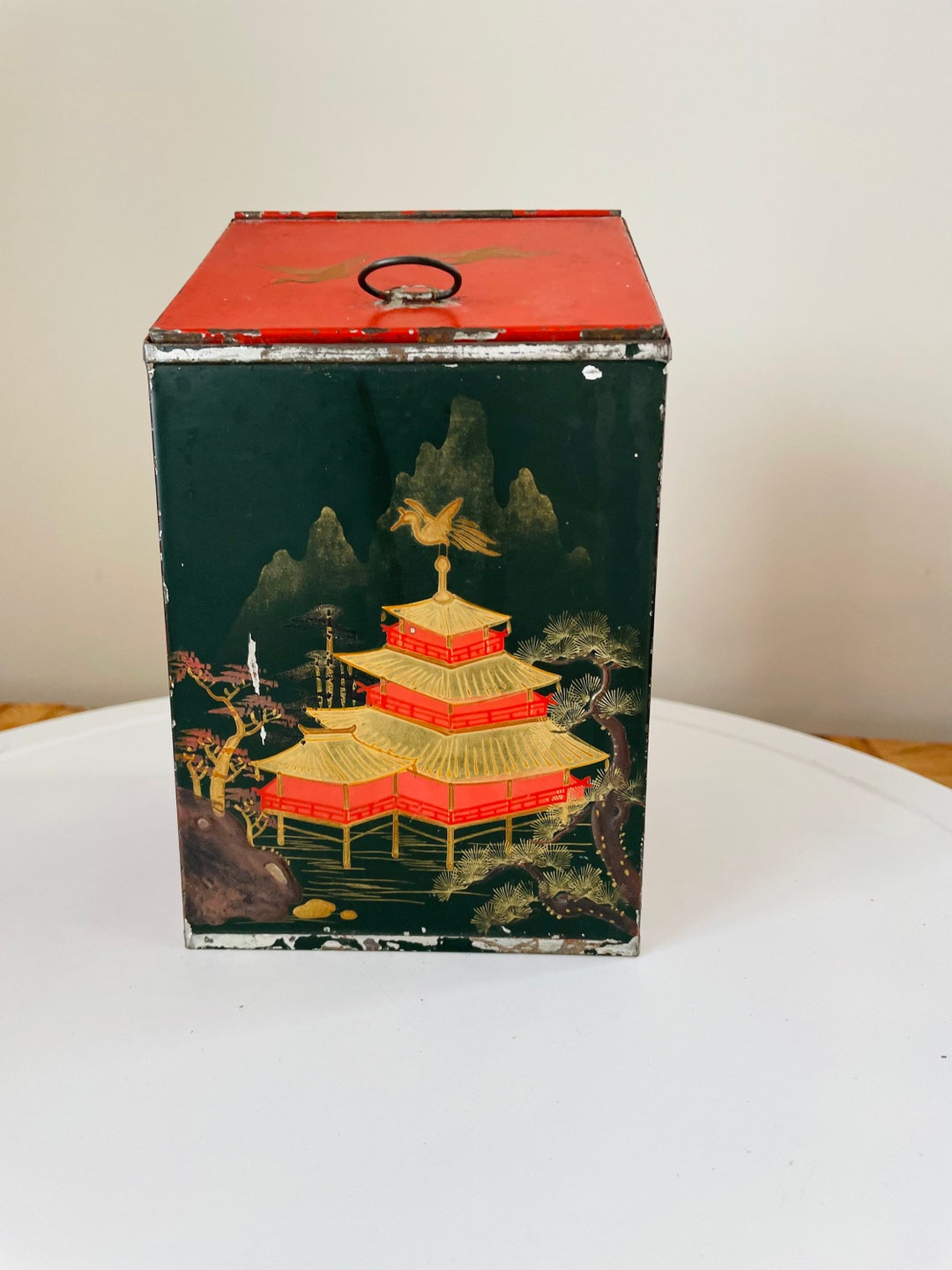 Antique Japanese Tin Canister, Hand Painted Tole Tea or Spice Box ...
