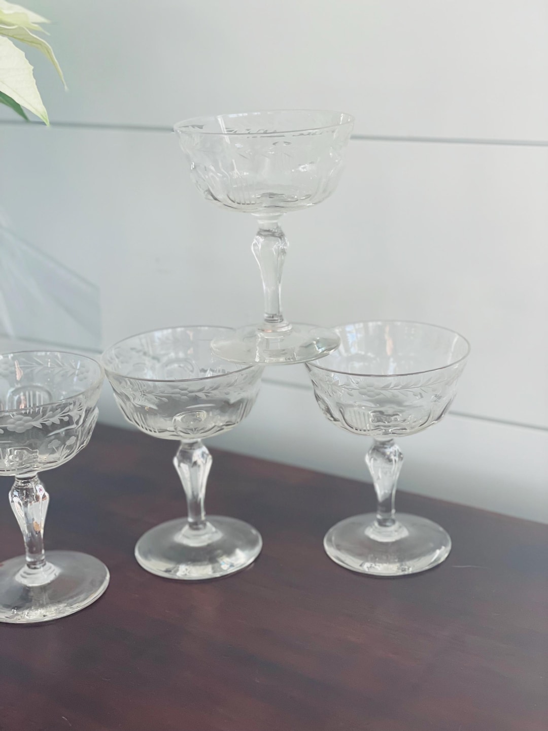 Set of 4 Etched Coup Crystal Glasses, Sundae Glass, Champagne, Etched ...