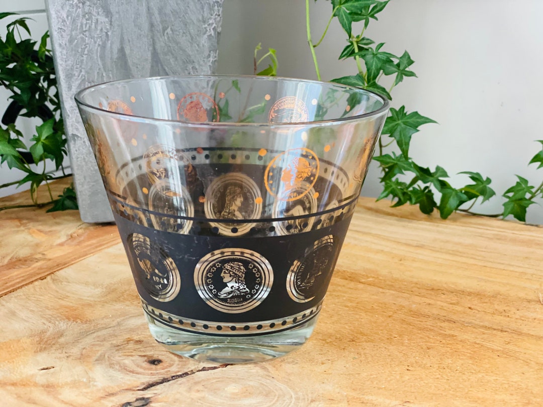 Mid Century Glass Coin Black and Gold Ice Bucket, Mid Century Barware ...