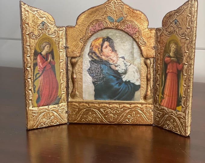 Beautiful Vintage Gilded Florentine Triptych, Trifold Religious Plaque ...