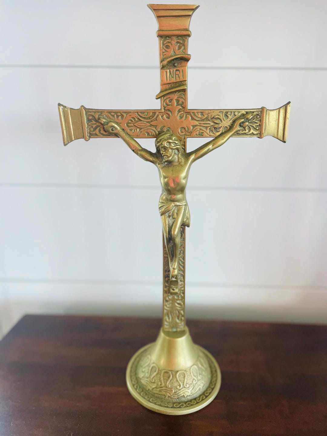 14.5" Tabletop Brass Crucifix, Jesus on the Cross, Alter Piece, INRI ...