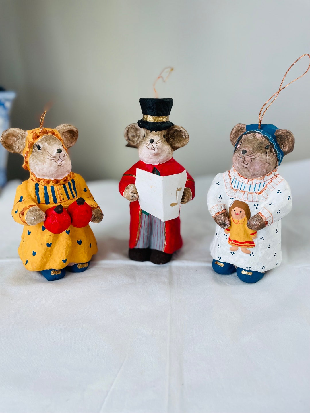 Vintage Trio! 3 Large Paper Mache Festive Holiday Mice Ornaments, Made ...