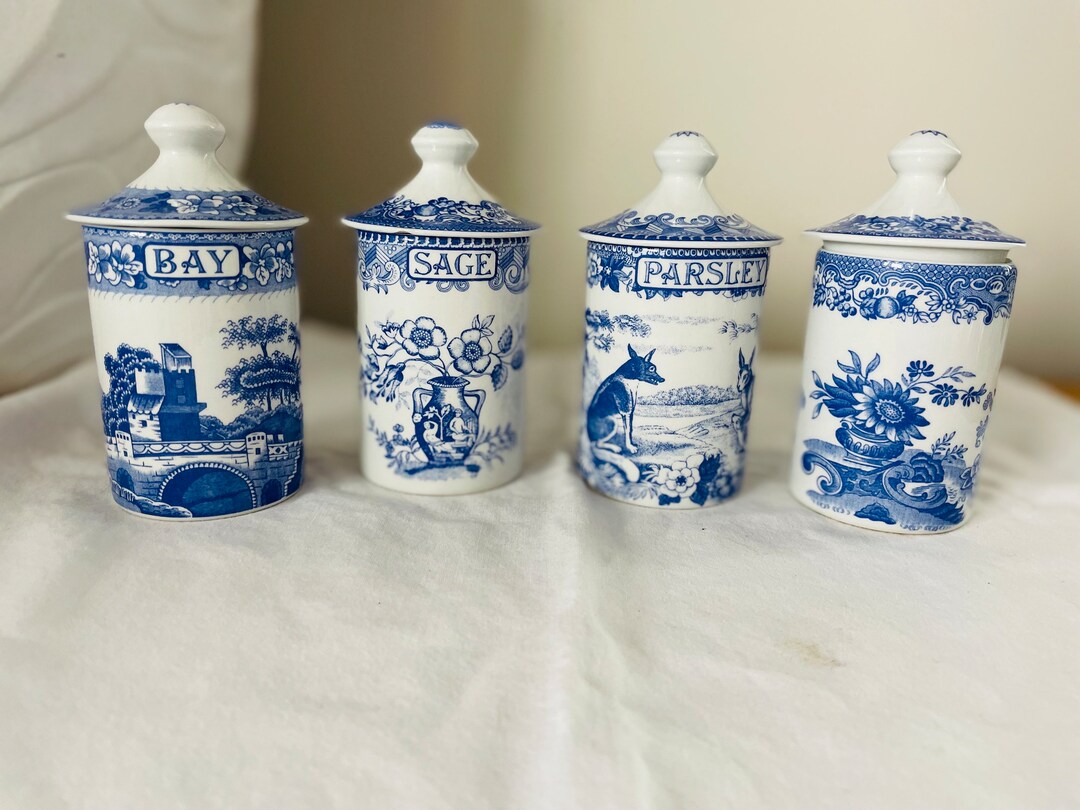 Set of 4 Spode Spice Canisters, Lidded Jars, Blue and White, Blue Room ...