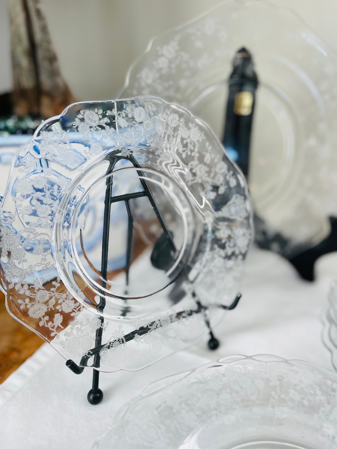 7 Cambridge Rose Point Clear Glass Bread/dessert Plates, Etched Floral ...