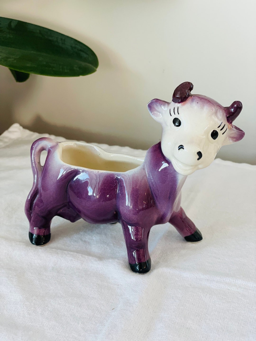 Vintage Ceramic Purple Cow Planter, Trinket Holder, Sugar Packet Holder ...