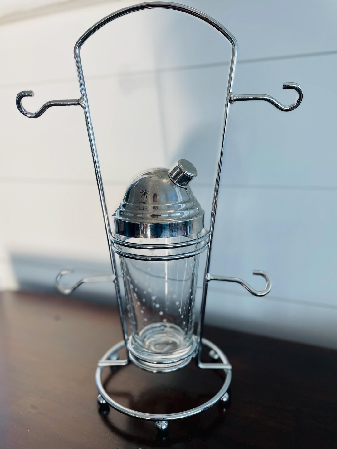 Mid Century Chrome Cocktail Shaker Stand With Libbey Shaker, Etched ...
