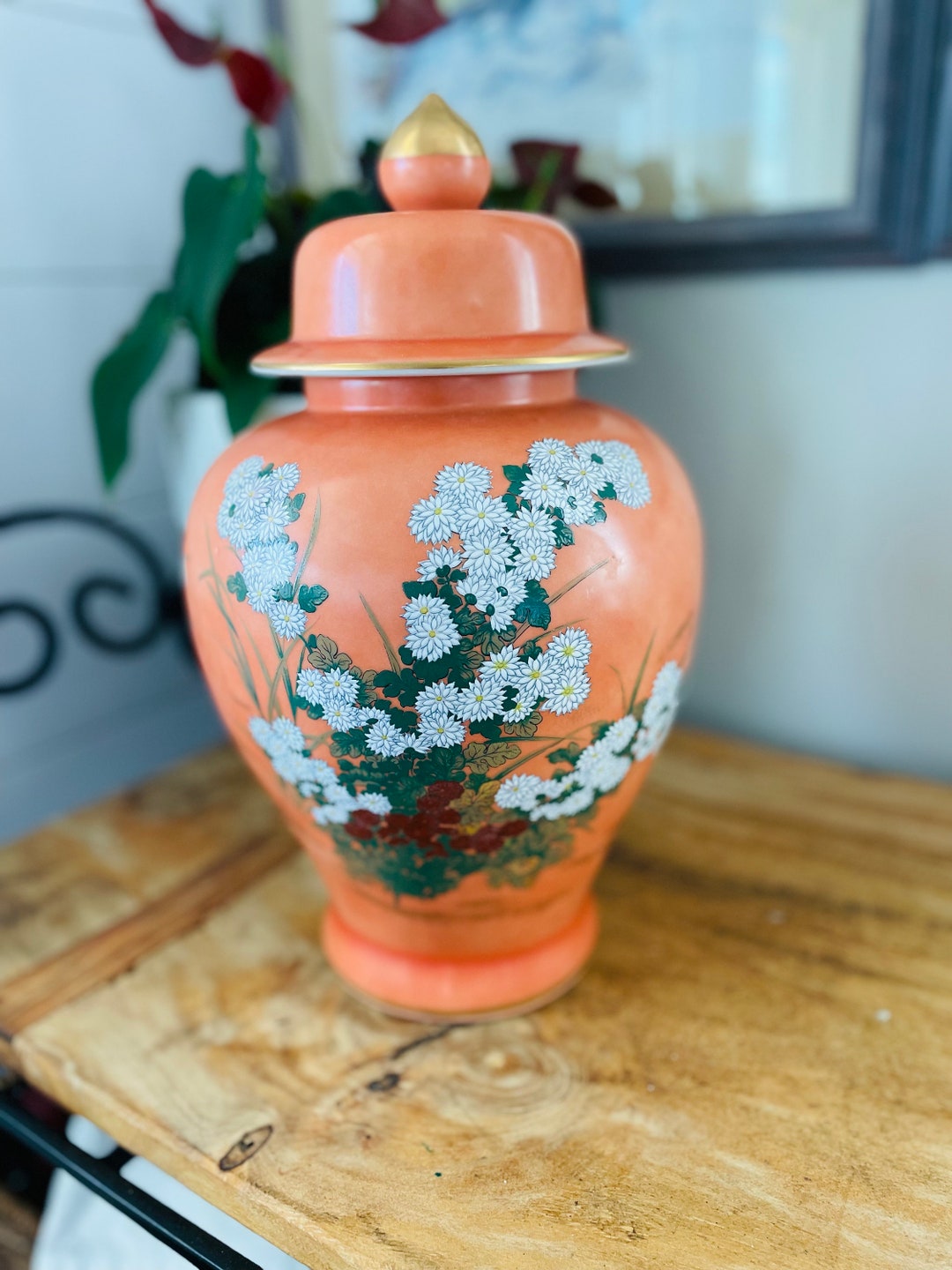 Beautiful Vintage Ginger Jar, Orange With Floral, Gilded Trim, Andrea ...