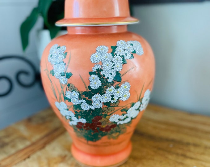 Beautiful Vintage Ginger Jar, Orange With Floral, Gilded Trim, Andrea ...