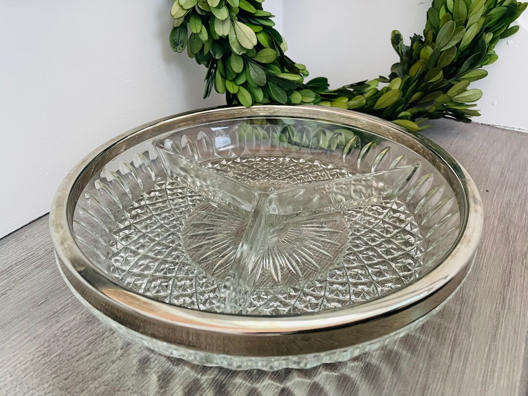 Cut Crystal Divided Dish With Silver Plate Rim, Sectioned Server ...