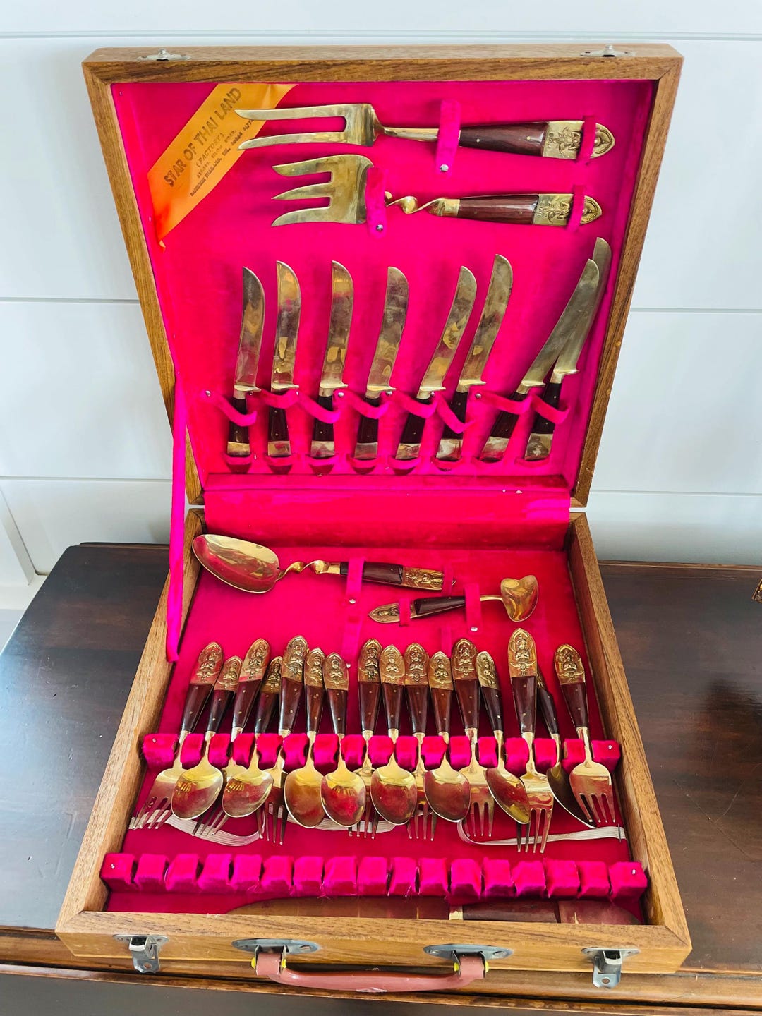 Vintage Star of Thailand Flatware Set in Box, Rosewood and Brass, Siam ...