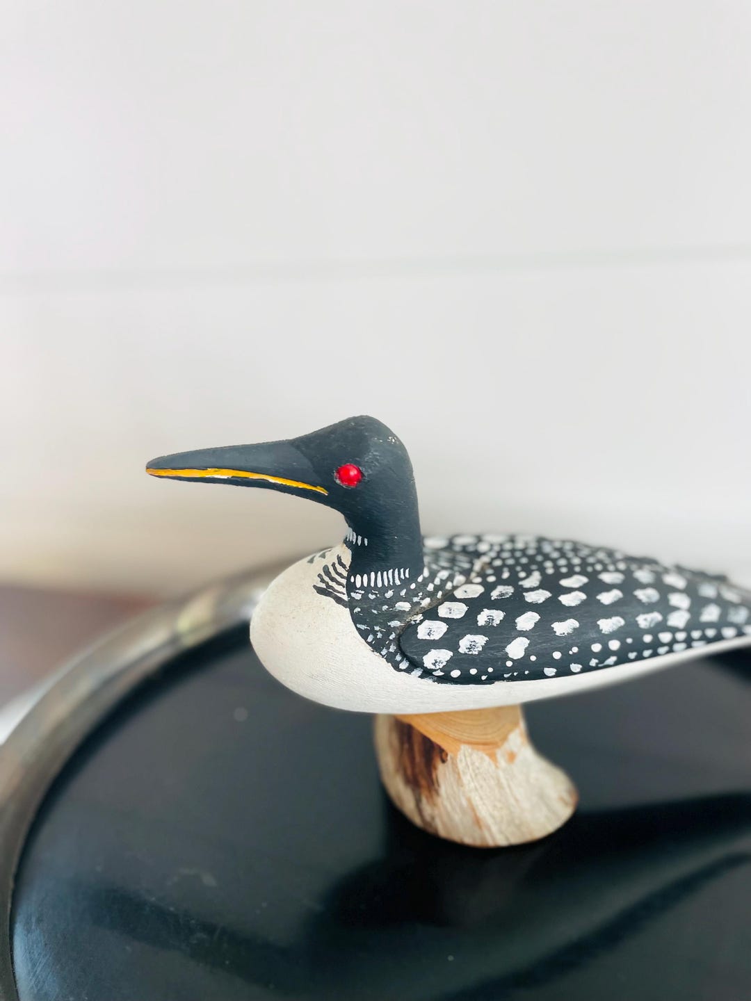 Vintage Hand Carved Wood Loon Bird Figure, Black and White With Red ...