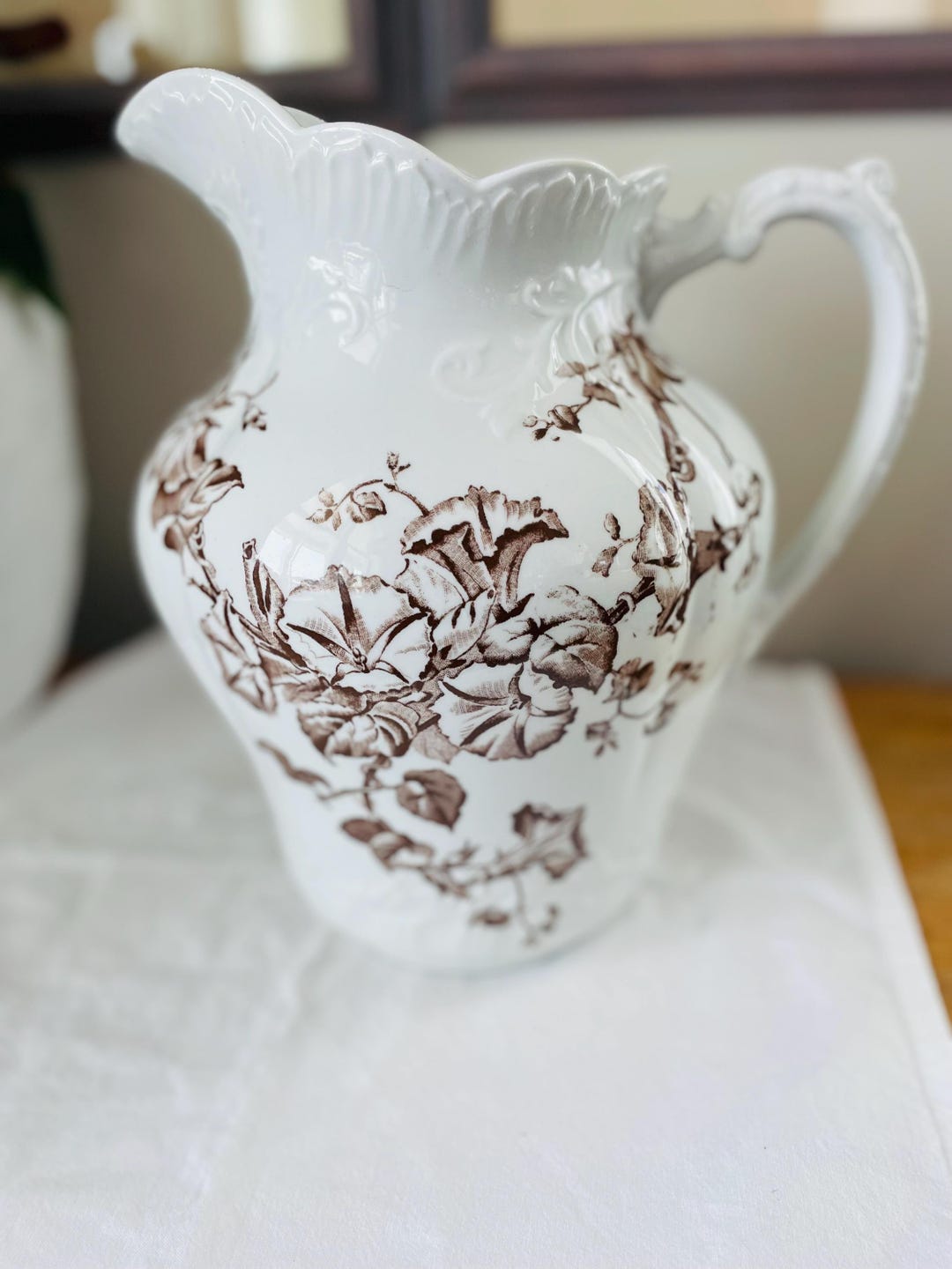 Large Vintage White English Transferware Pitcher With Brown Morning ...
