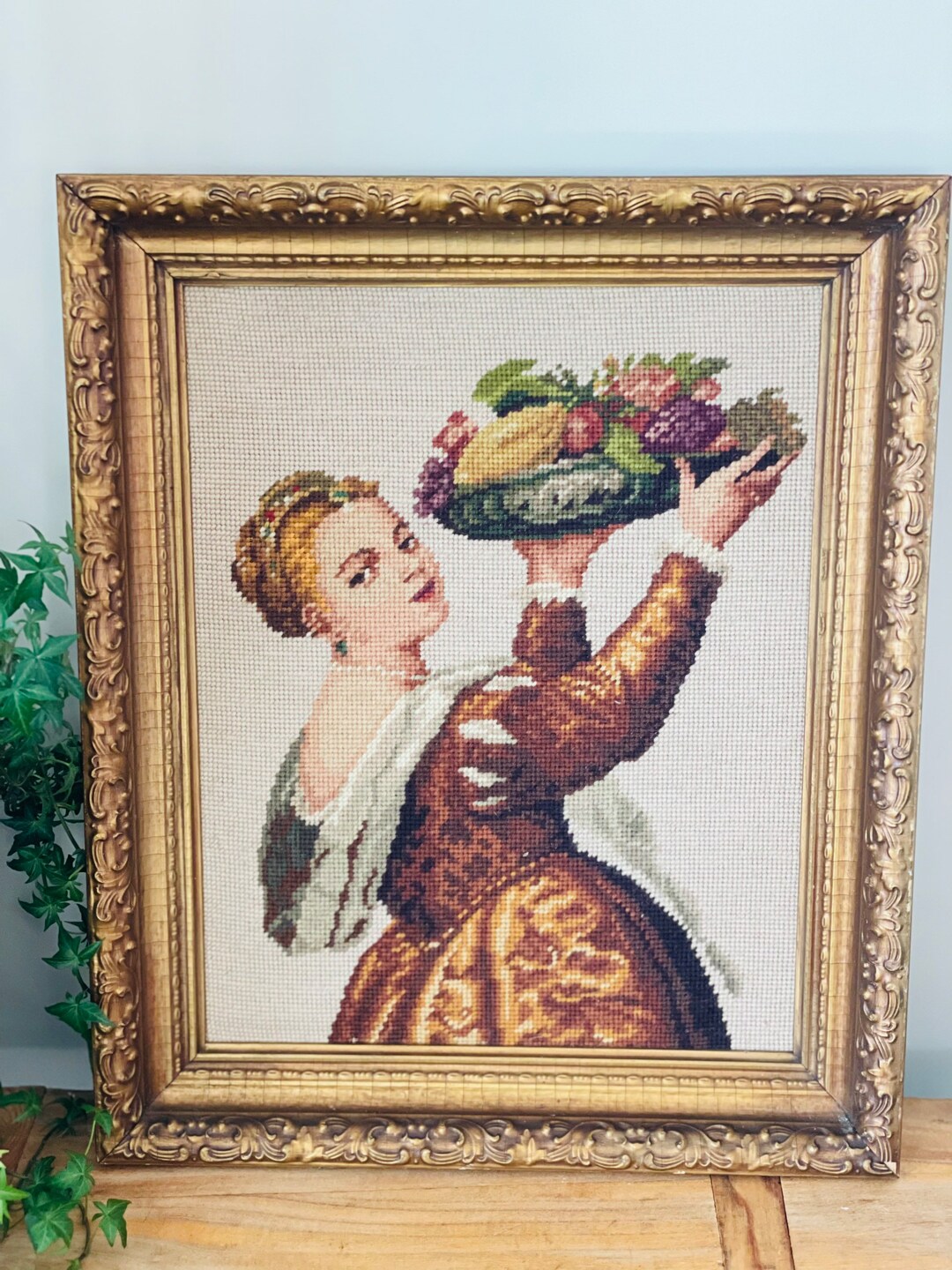 Antique Framed Needlepoint, Renaissance Portrait of Woman With Bowl of ...