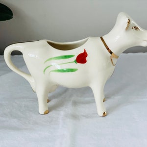 Vintage Cream Color Cow Creamer With Red Tulip, Gold Trim, Collectible ...