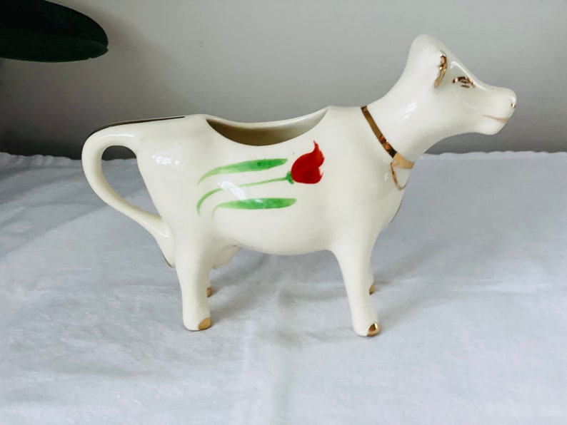Vintage Cream Color Cow Creamer With Red Tulip, Gold Trim, Collectible ...