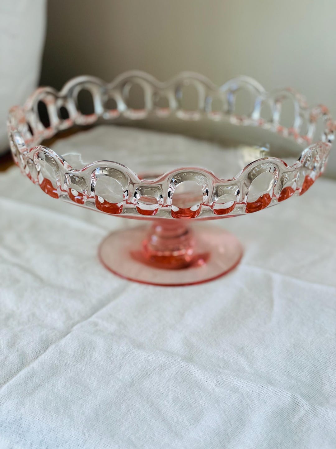 Pink Pedestal Lace Edge Glass Bowl, Baby Shower, Bridal, Pressed Glass ...