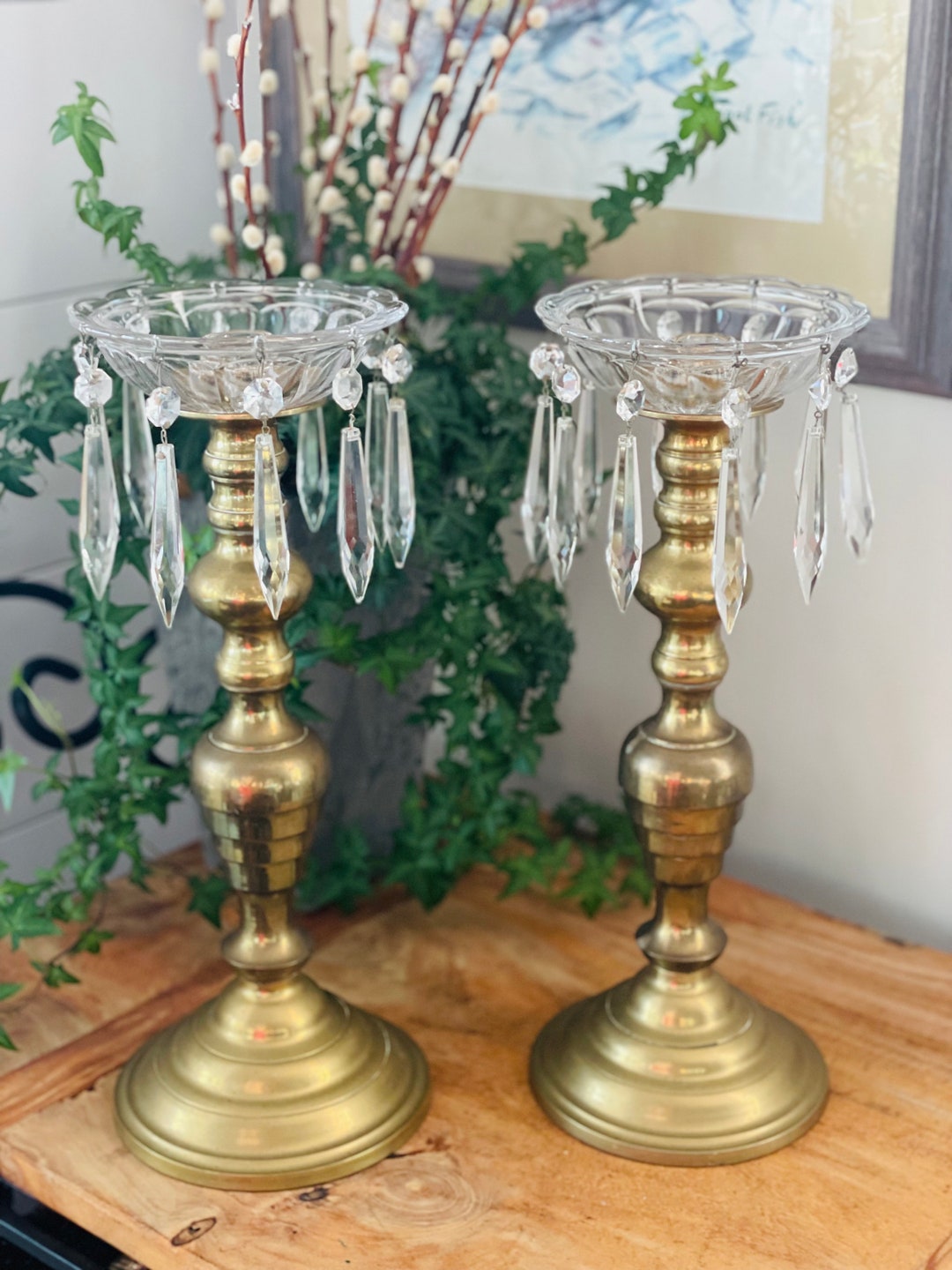 Pair of Vintage Solid Cast Brass Candlesticks With Crystal Bobeche ...