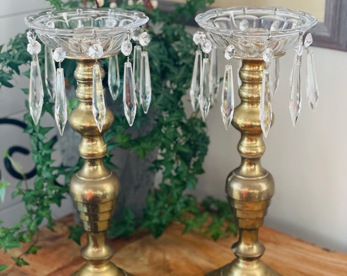 Pair of Vintage Solid Cast Brass Candlesticks With Crystal Bobeche ...
