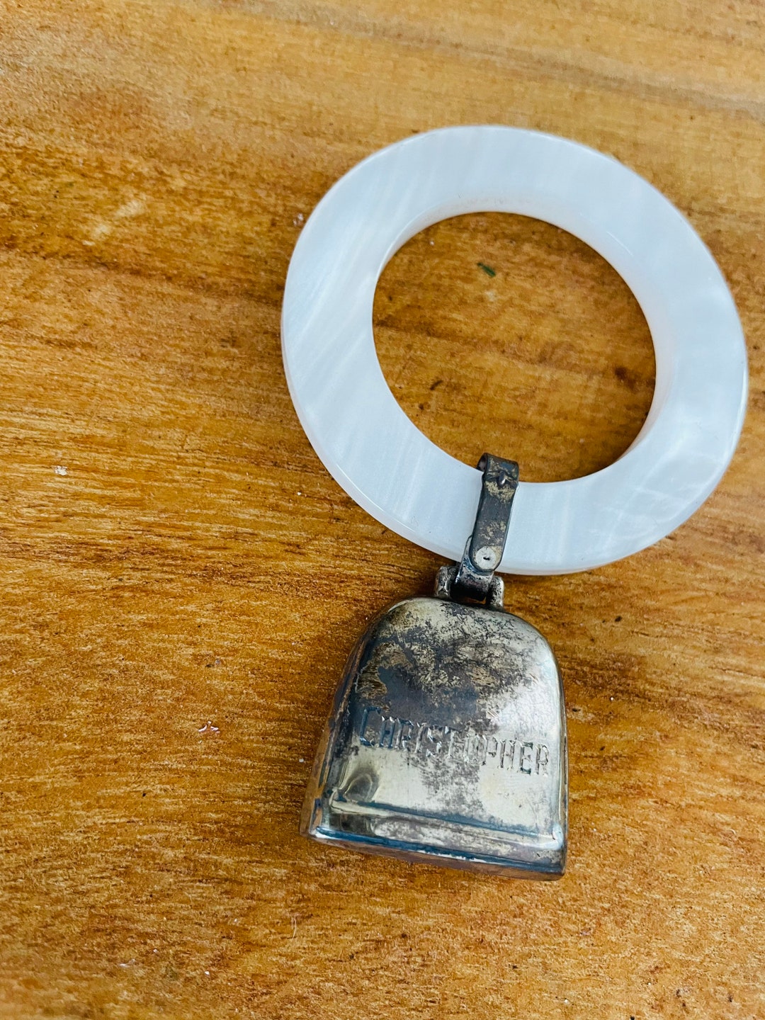 Vintage Silver and Mother of Pearl Teething Ring, Rattle, Birth Record ...