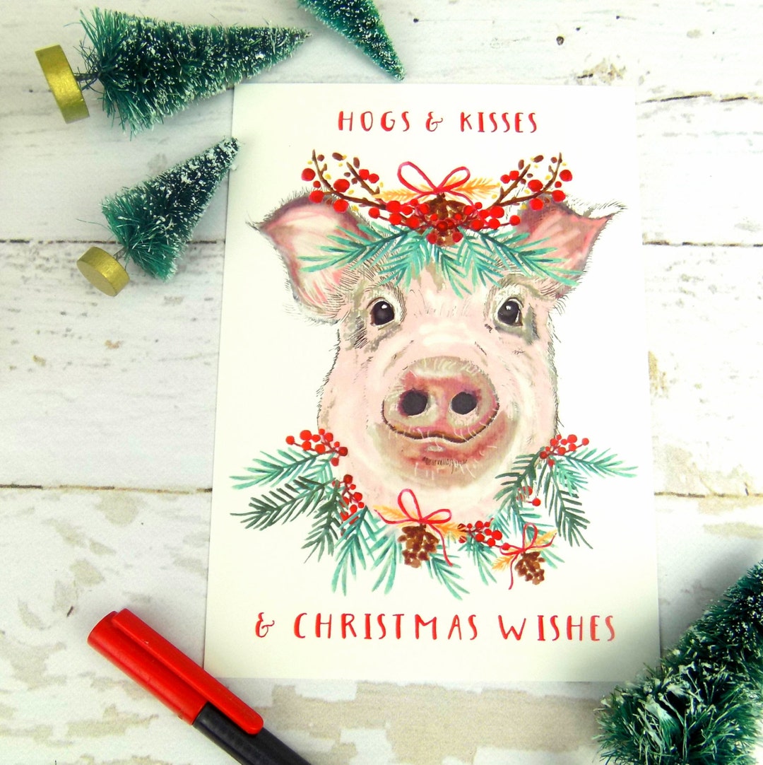 Pig Print Christmas Postcard, Cute, Funny, Pig Lover, Pig Art Print ...