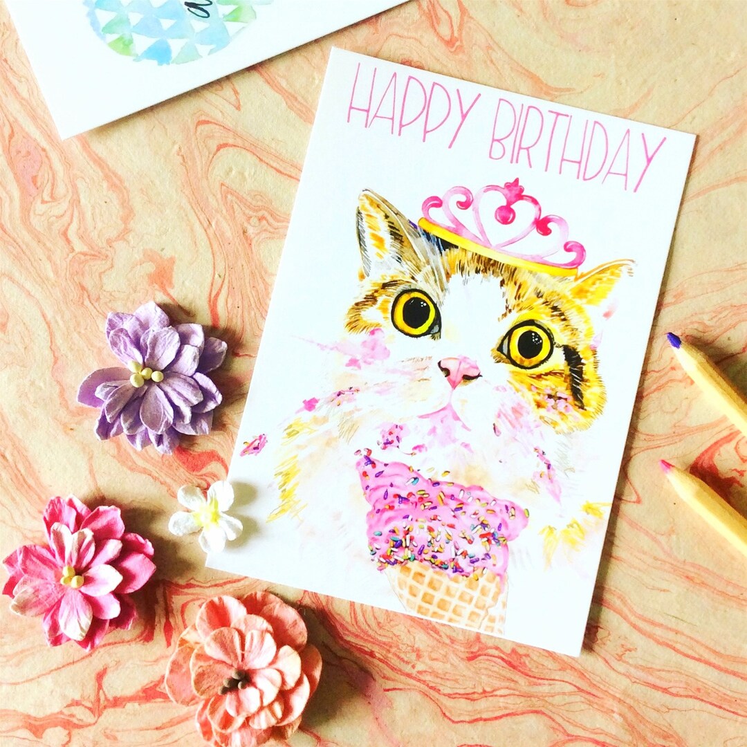 Happy Birthday Postcard, Cat Print Postcard - Etsy