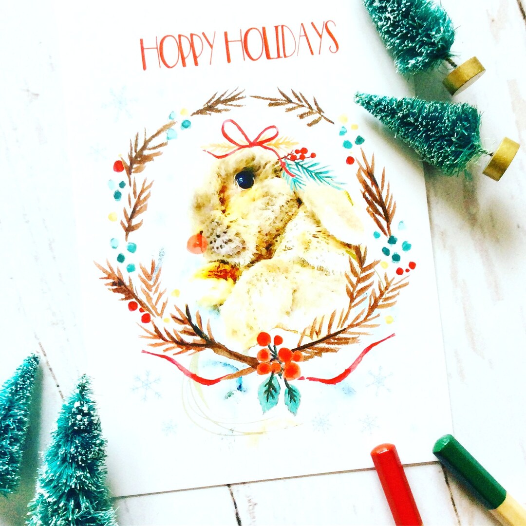 Bunny Rabbit Print Christmas Postcard, Cute Bunny Print Postcards - Etsy
