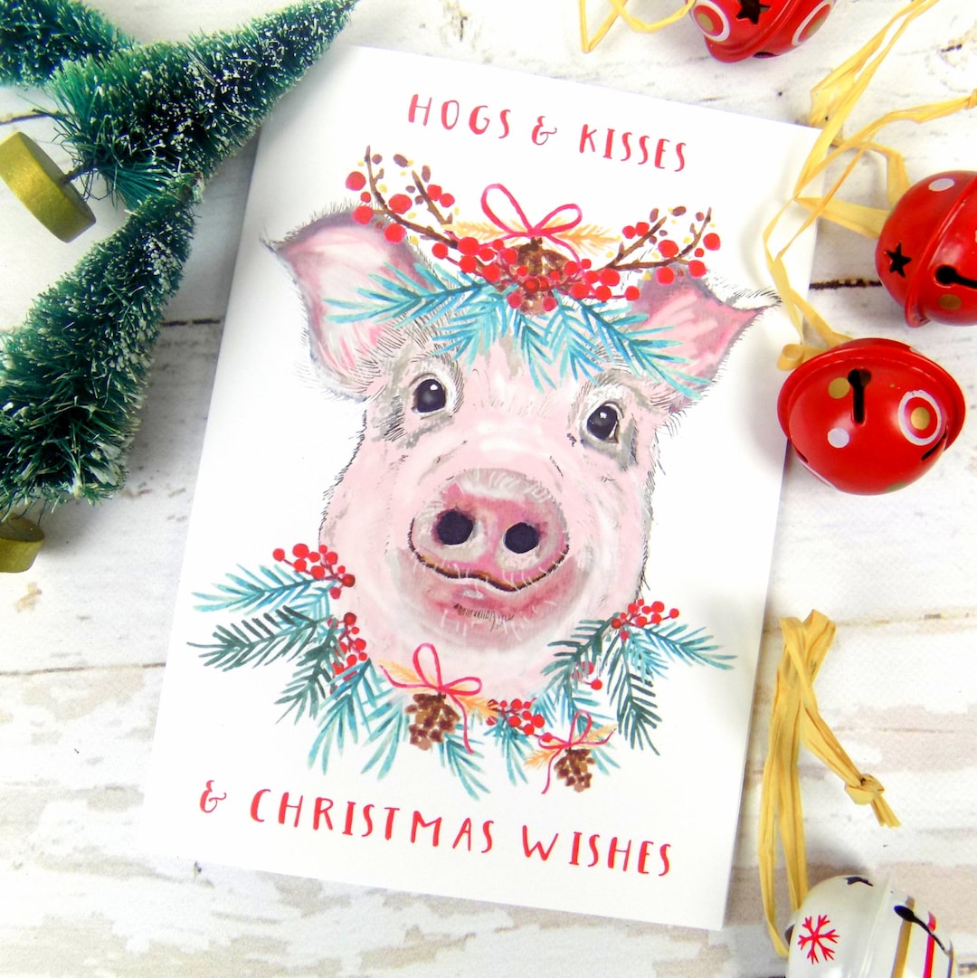Pig Art Print Christmas Card, Cute, Funny, Pig Print, Hogs & Kisses ...
