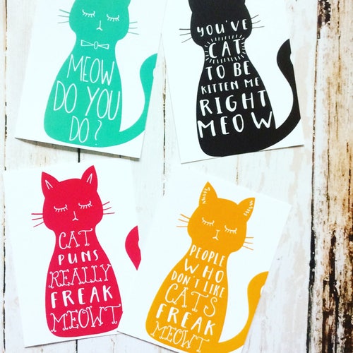 Cat Postcard Set Cute Funny Cat Pun Postcards Set of 4 | Etsy