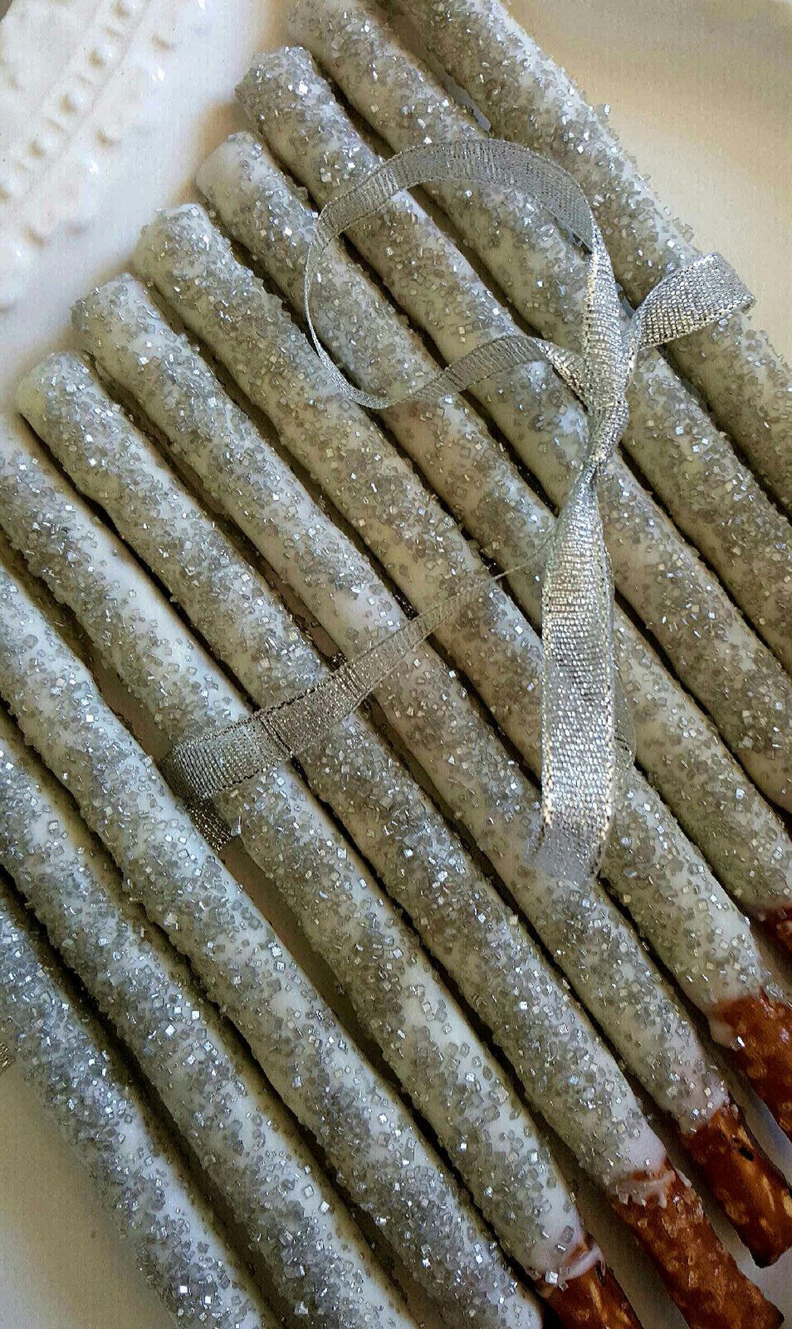 Gourmet White and Silver Chocolate Covered Pretzel Rods - Etsy